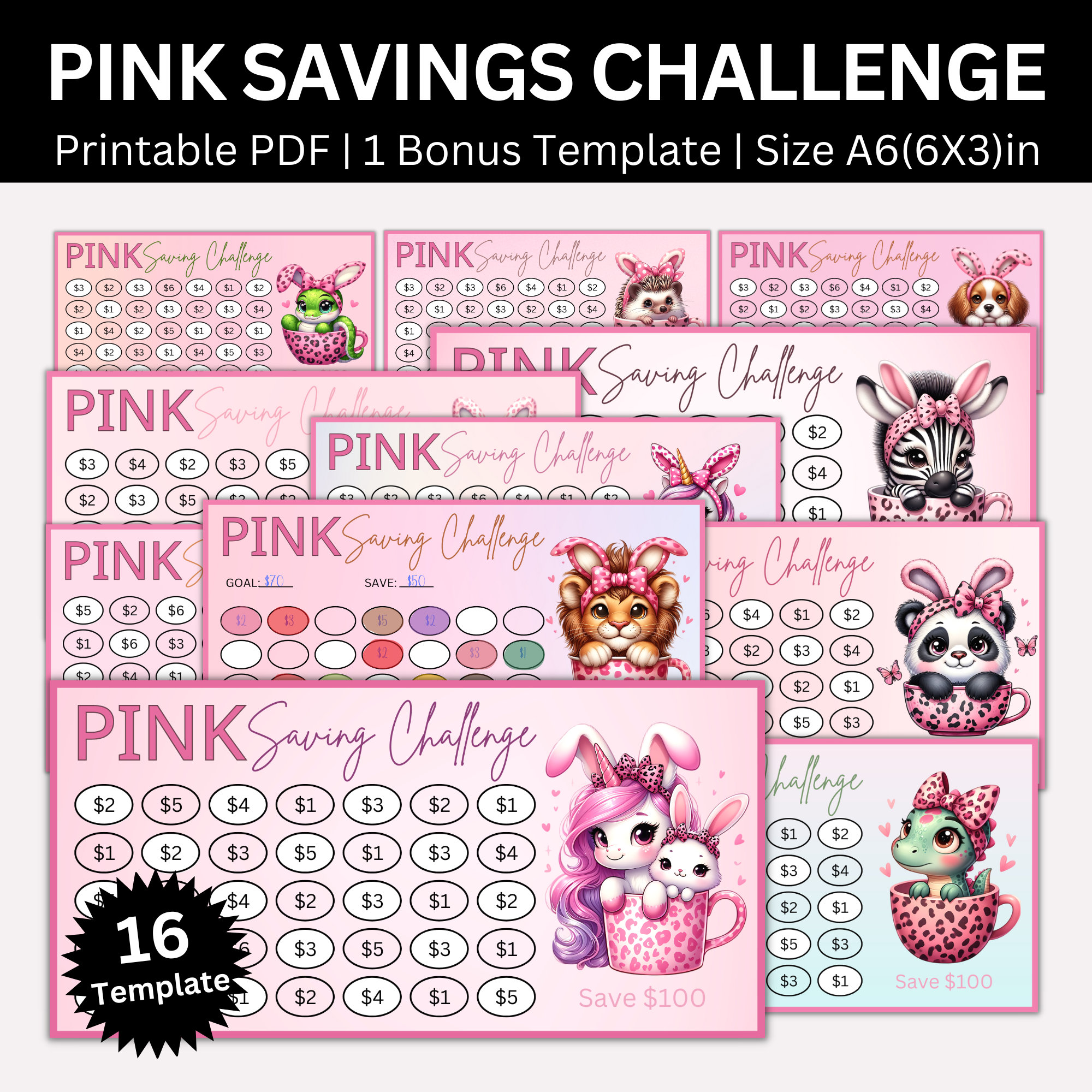 Pink Savings Challenge Printable, Pink Planner, Mini A6 Pink Animal ...