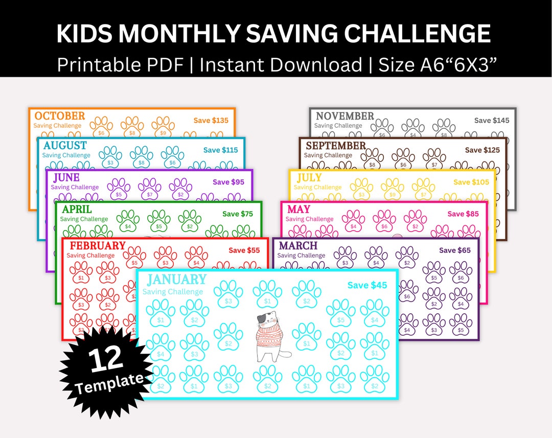Monthly Kids Savings Challenge Printable, A6 Kid Mini Saving Challenges ...