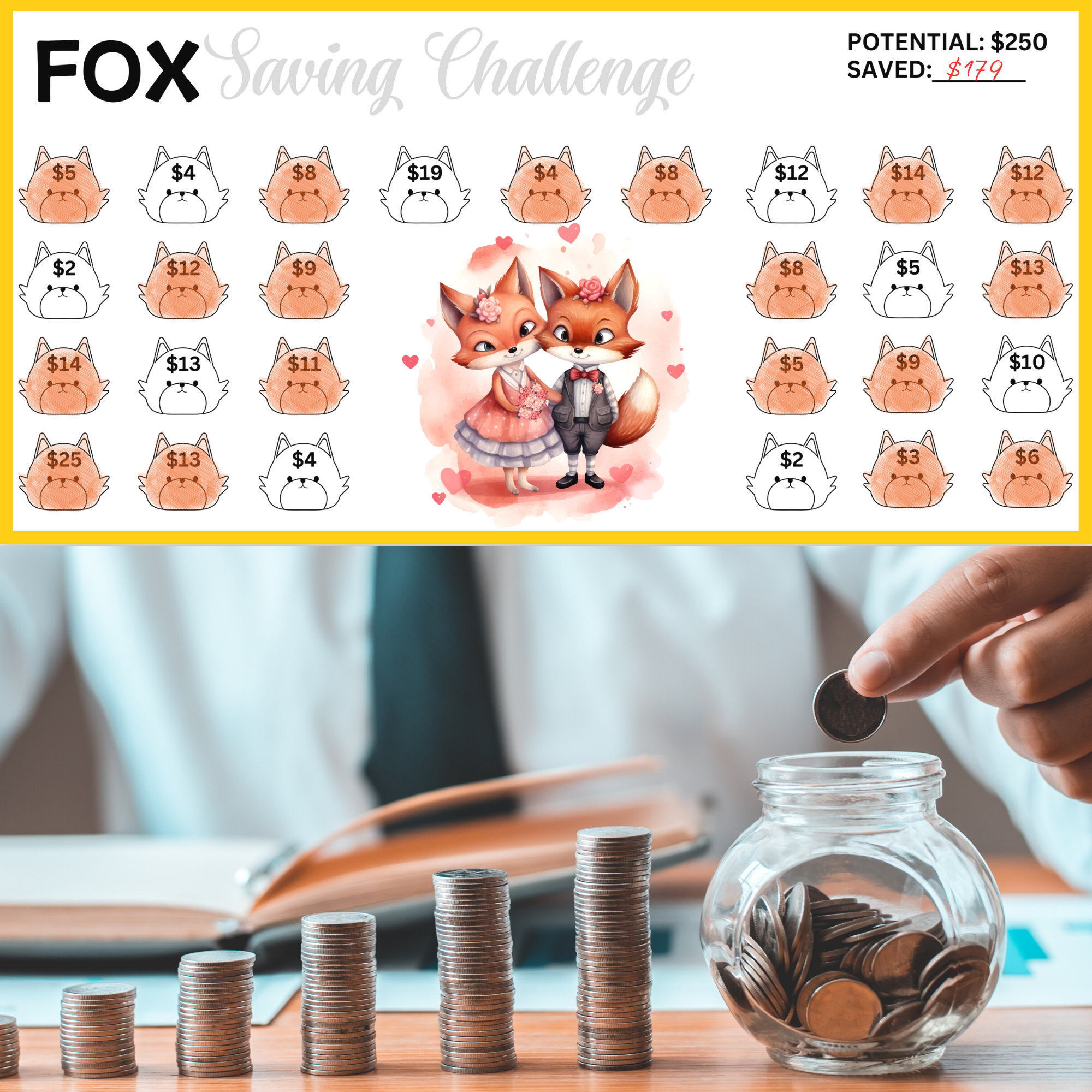 Mini Fox Savings Challenge Printable, Money Saving Challenges, A6 Cash ...