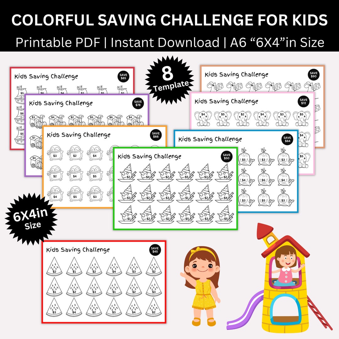 Kids Savings Challenge Printable, Mini A6 Kids Coloring Book for Saving ...