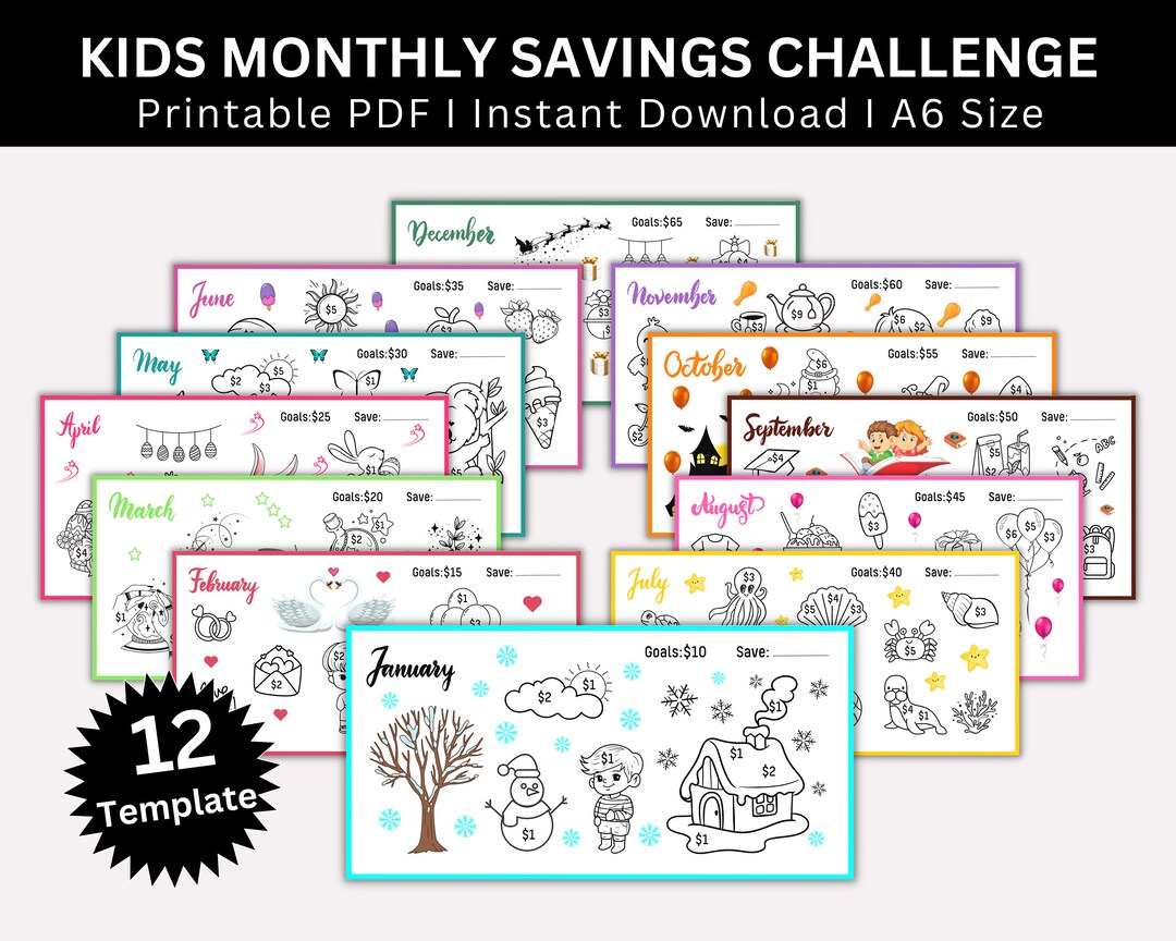 Monthly Kids Savings Challenge Printable, A6 Kids Mini Saving ...