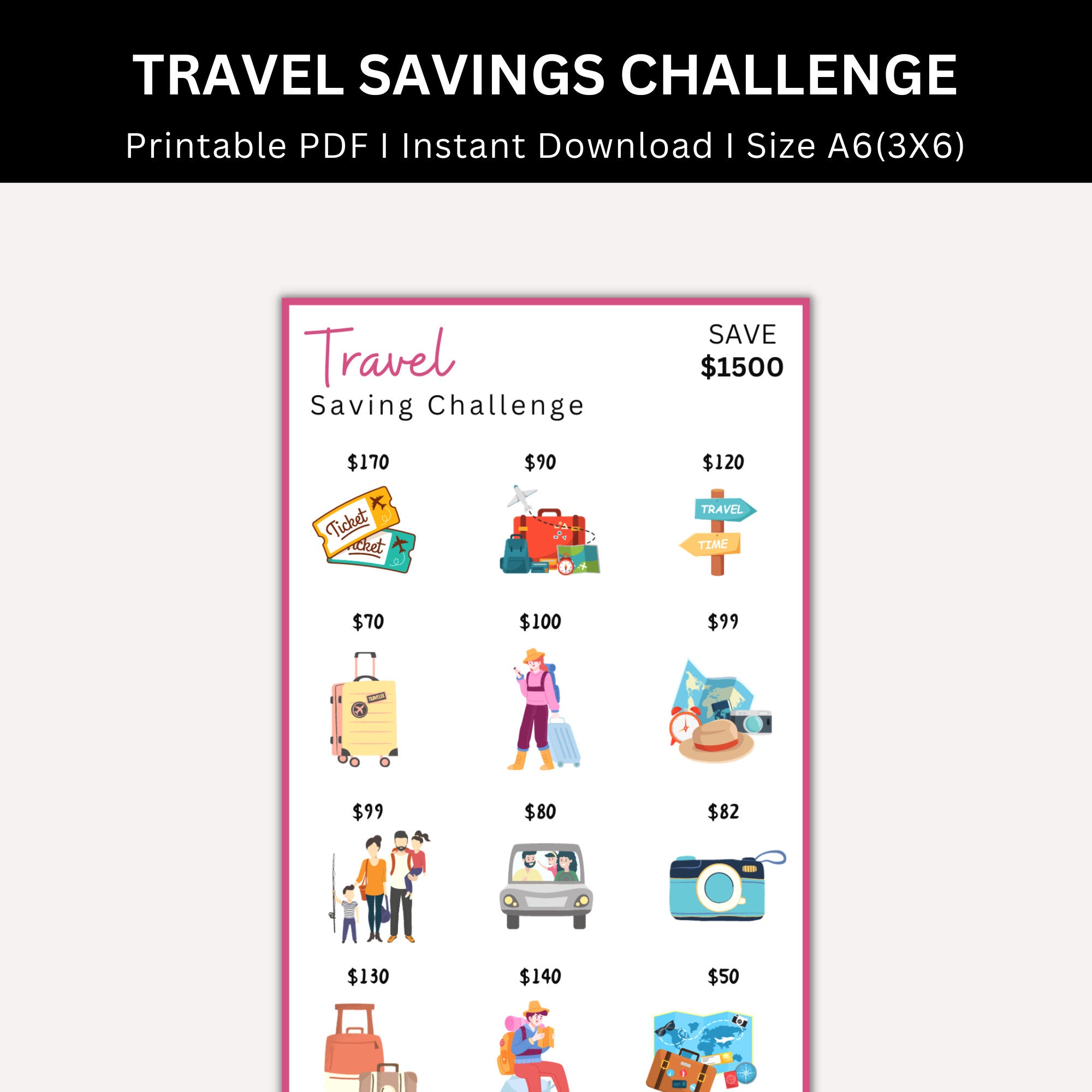 Travel Savings Challenge Printable, Vacation Savings Challenge, Money ...