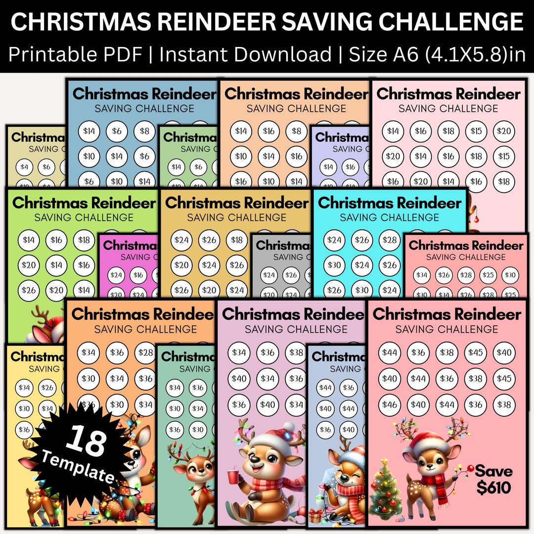 Christmas Reindeer Savings Challenge, 18 Templates, A6 Printable PDF ...