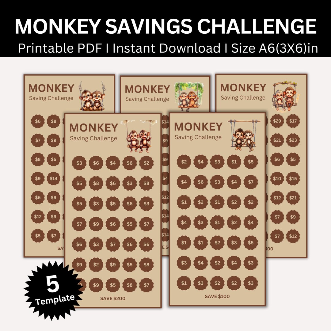 A6 Mini Monkey Saving Challenge Printable, Mini A6 Monkey Animal ...