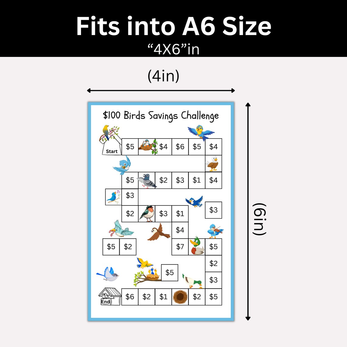 Birds Savings Challenge Printable Bundle, Mini A6 Low Income Bird ...