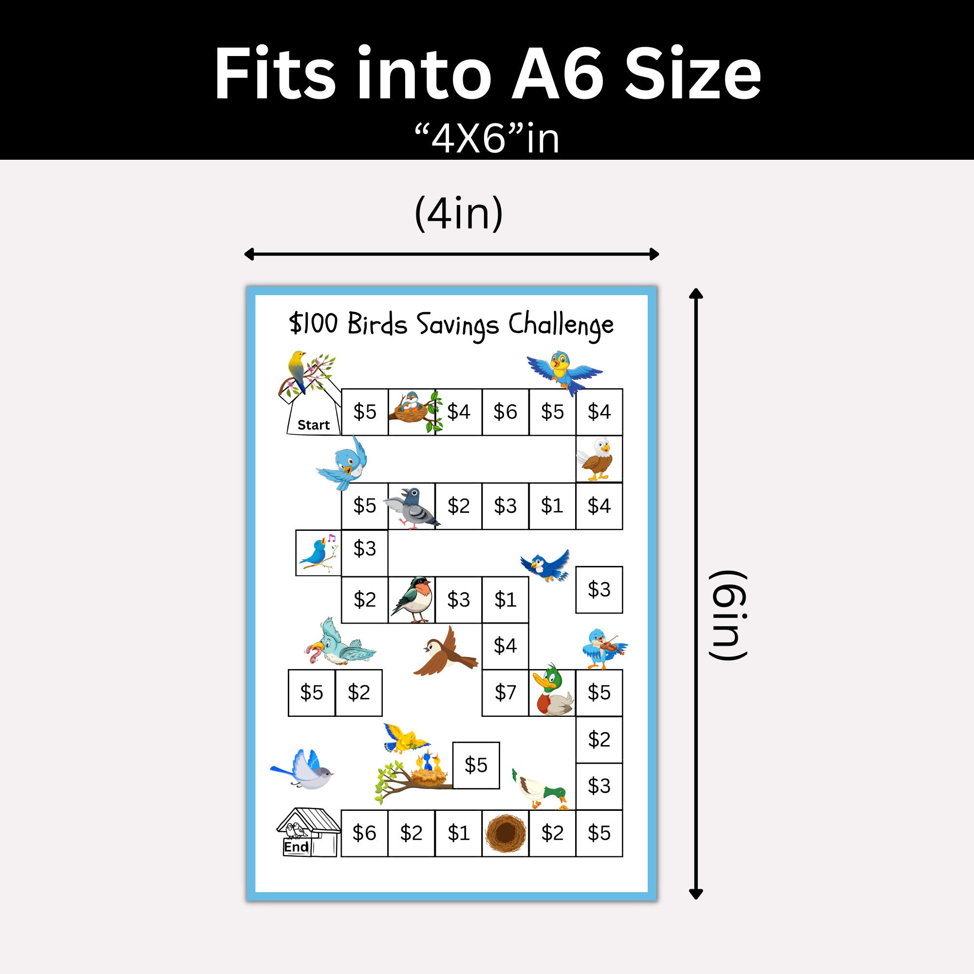 Birds Savings Challenge Printable Bundle, Mini A6 Low Income Bird ...
