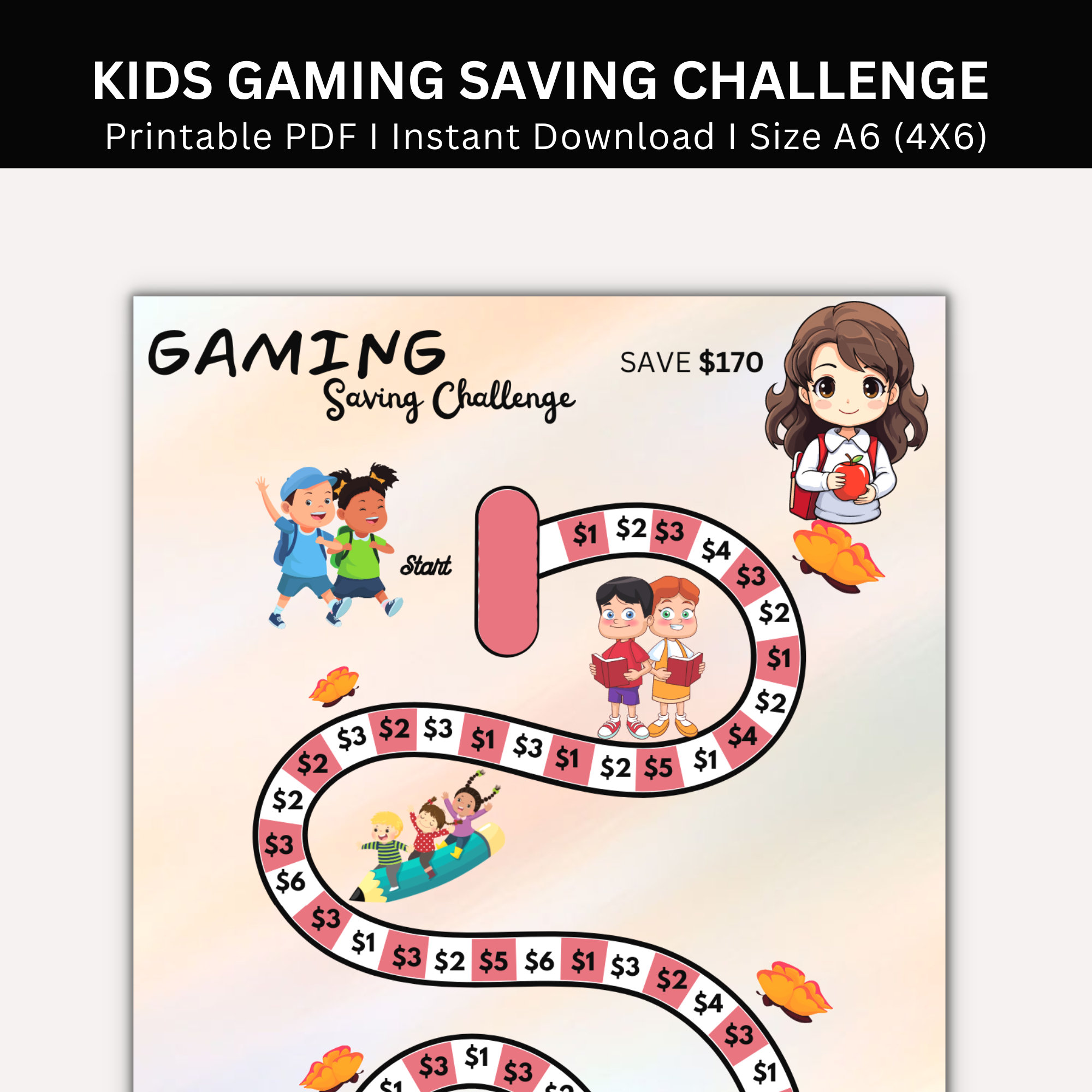 Kids Gaming Savings Challenge Printable , A6 Mini Kids Saving Challenge ...