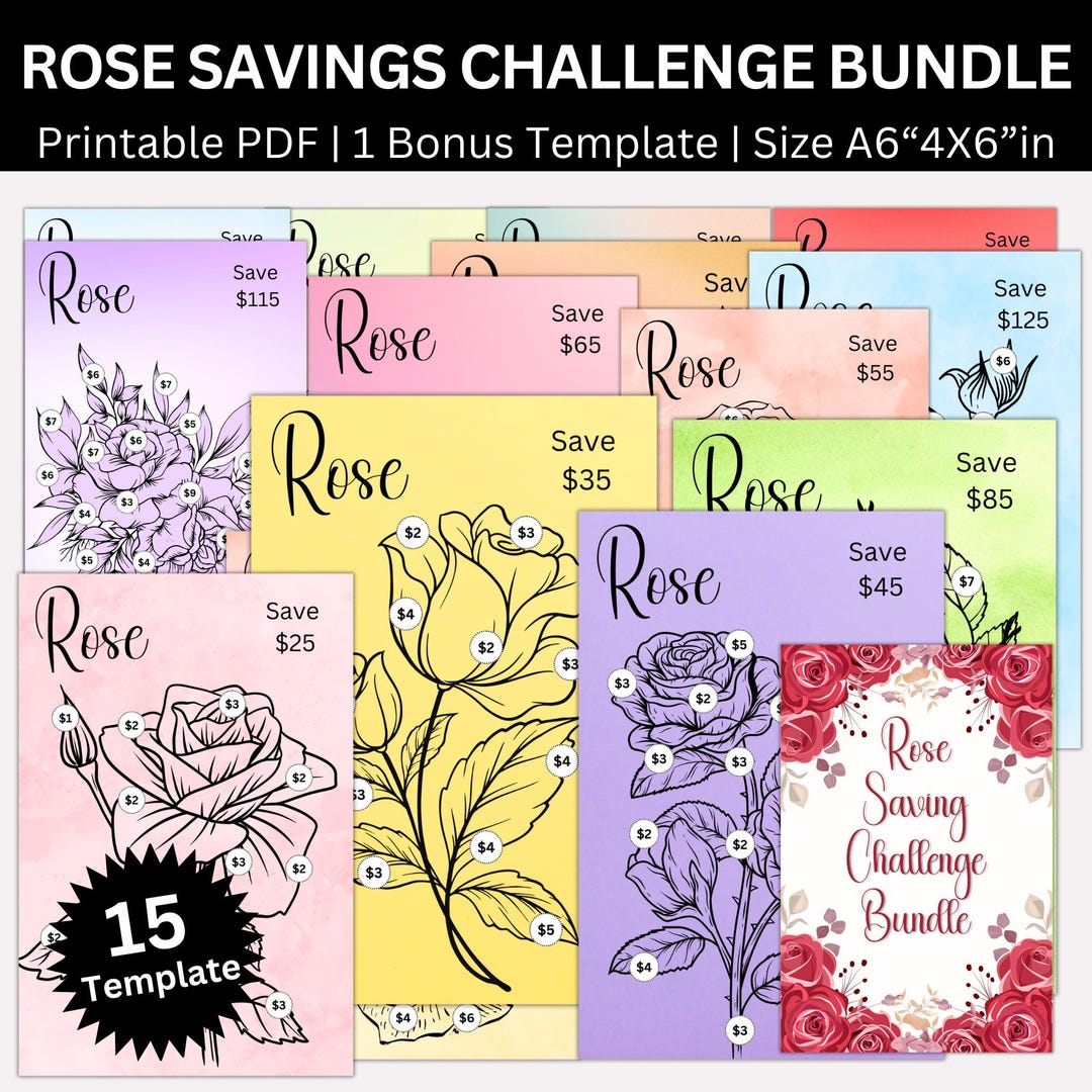 Rose Savings Challenge Printable Bundle, A6 Rose Flower Saving Cash ...