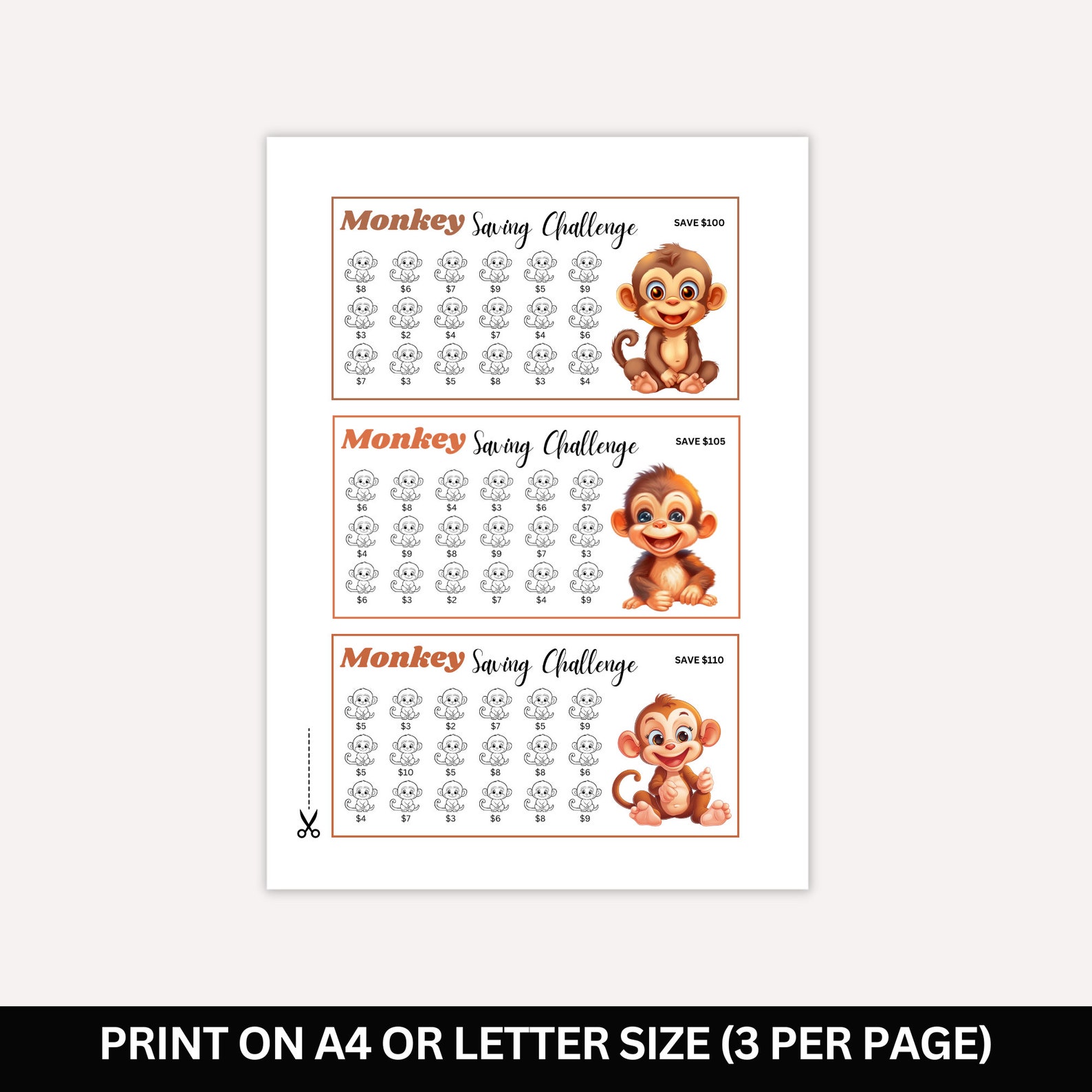 Monkey Saving Challenge Printable, Mini A6 Monkey Animal Savings ...