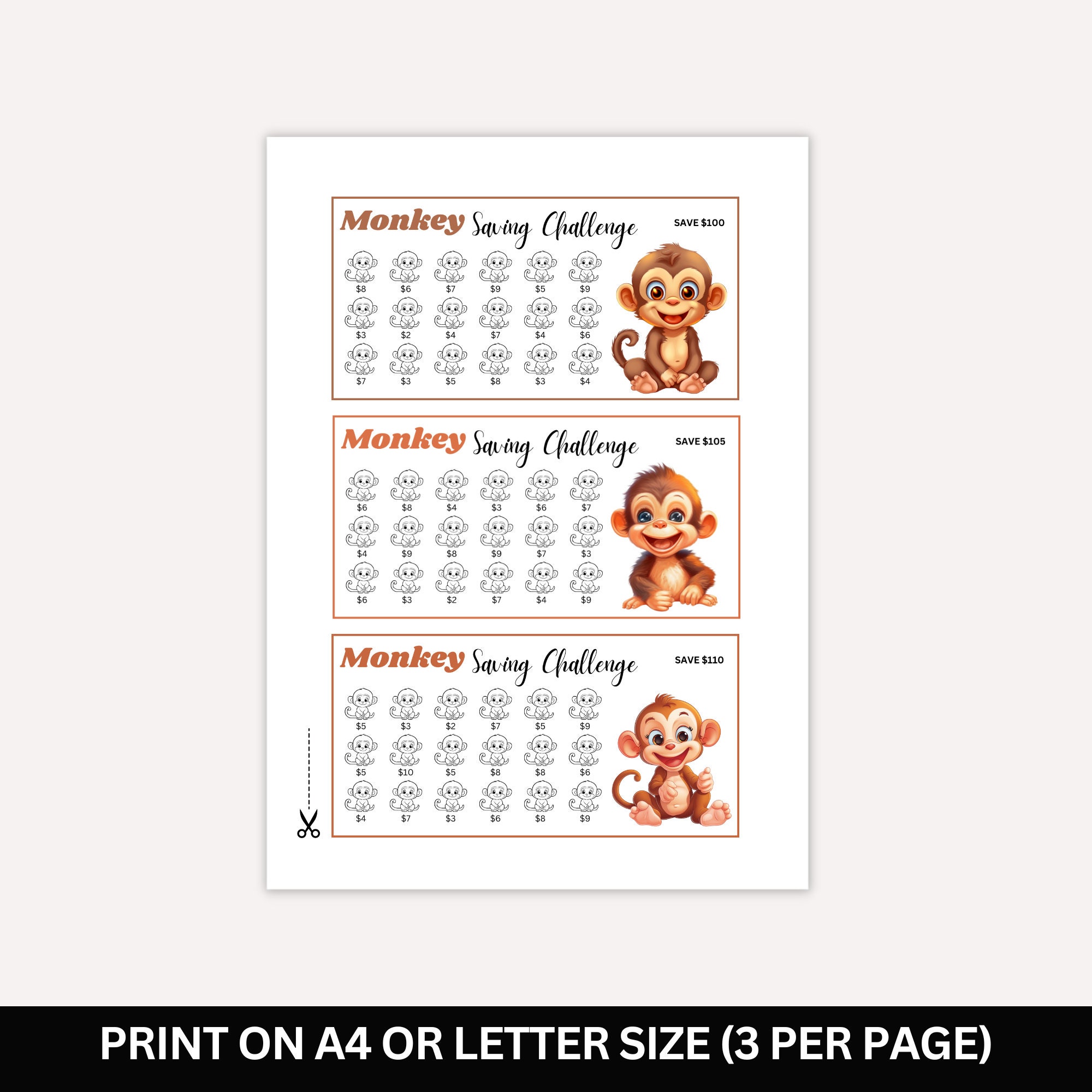 Monkey Saving Challenge Printable, Mini A6 Monkey Animal Savings ...