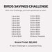 Birds Savings Challenge Printable Bundle, Mini A6 Low Income Bird ...