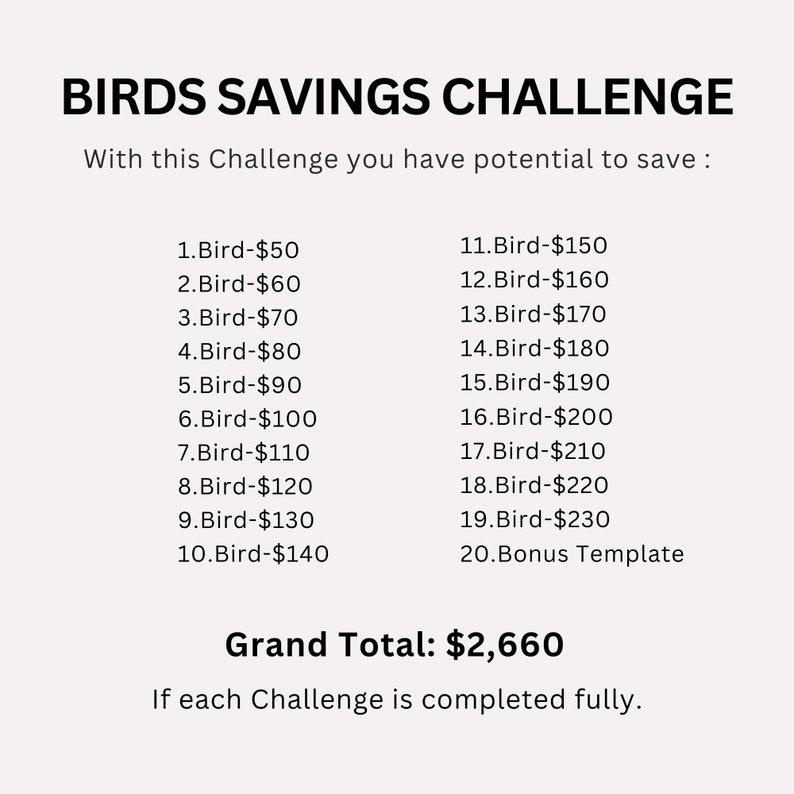 Birds Savings Challenge Printable Bundle, Mini A6 Low Income Bird ...