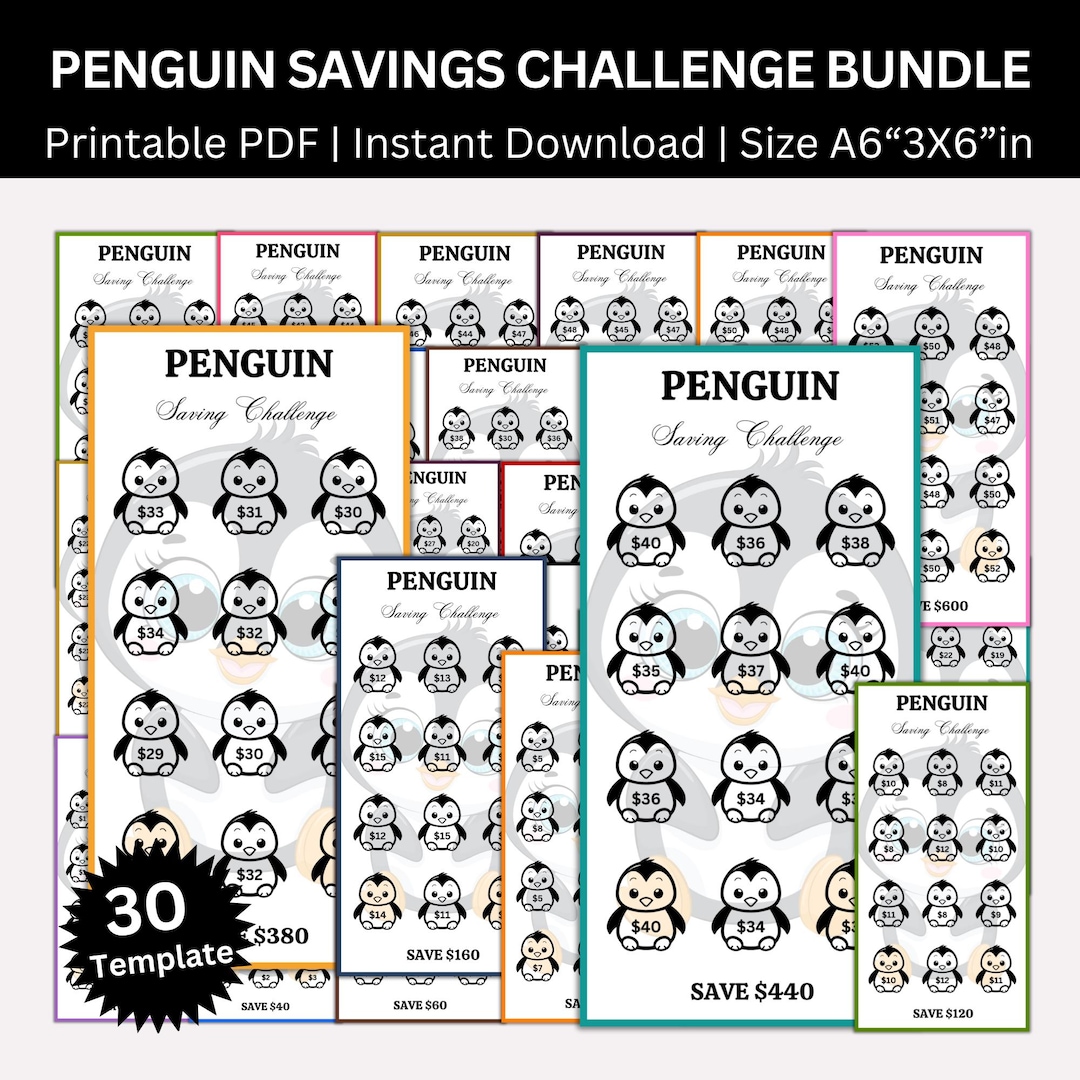 Penguins Savings Challenge Printable Bundle, Mini A6 Penguin Saving ...