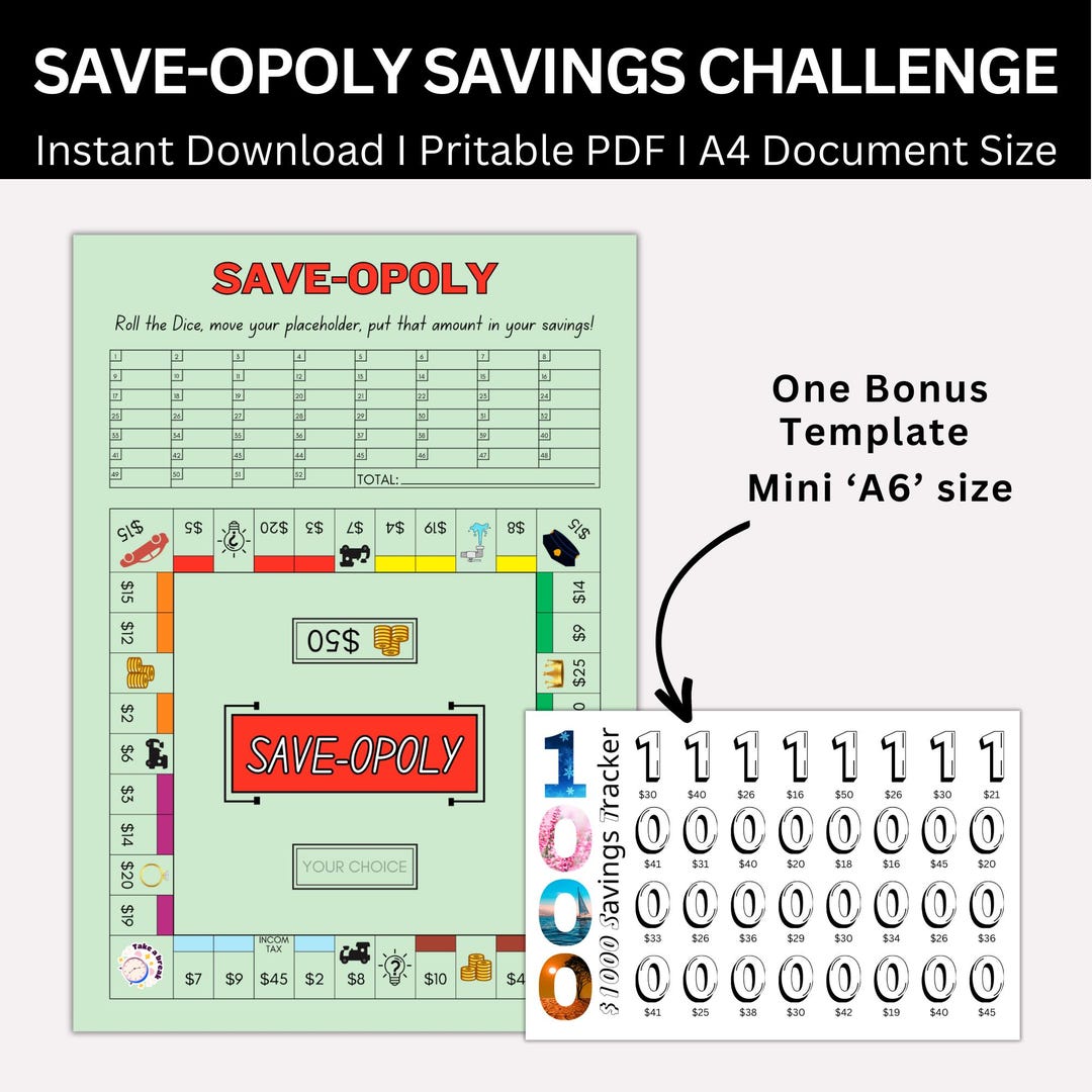 Saveopoly Savings Challenge Printable, Savings Tracker, Save-opoly Game, Saveopoly Money Savings ...