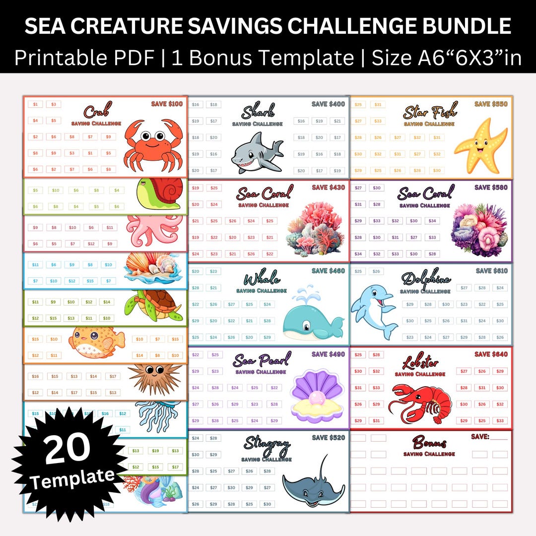 Sea Creature Savings Challenge Printable Bundle, Mini A6 Ocean-themed ...