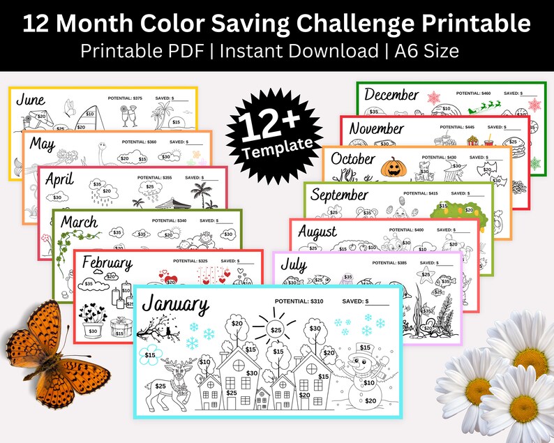 12-month Color Save A6 Savings Challenge Printable Bundle, Fits A6 ...