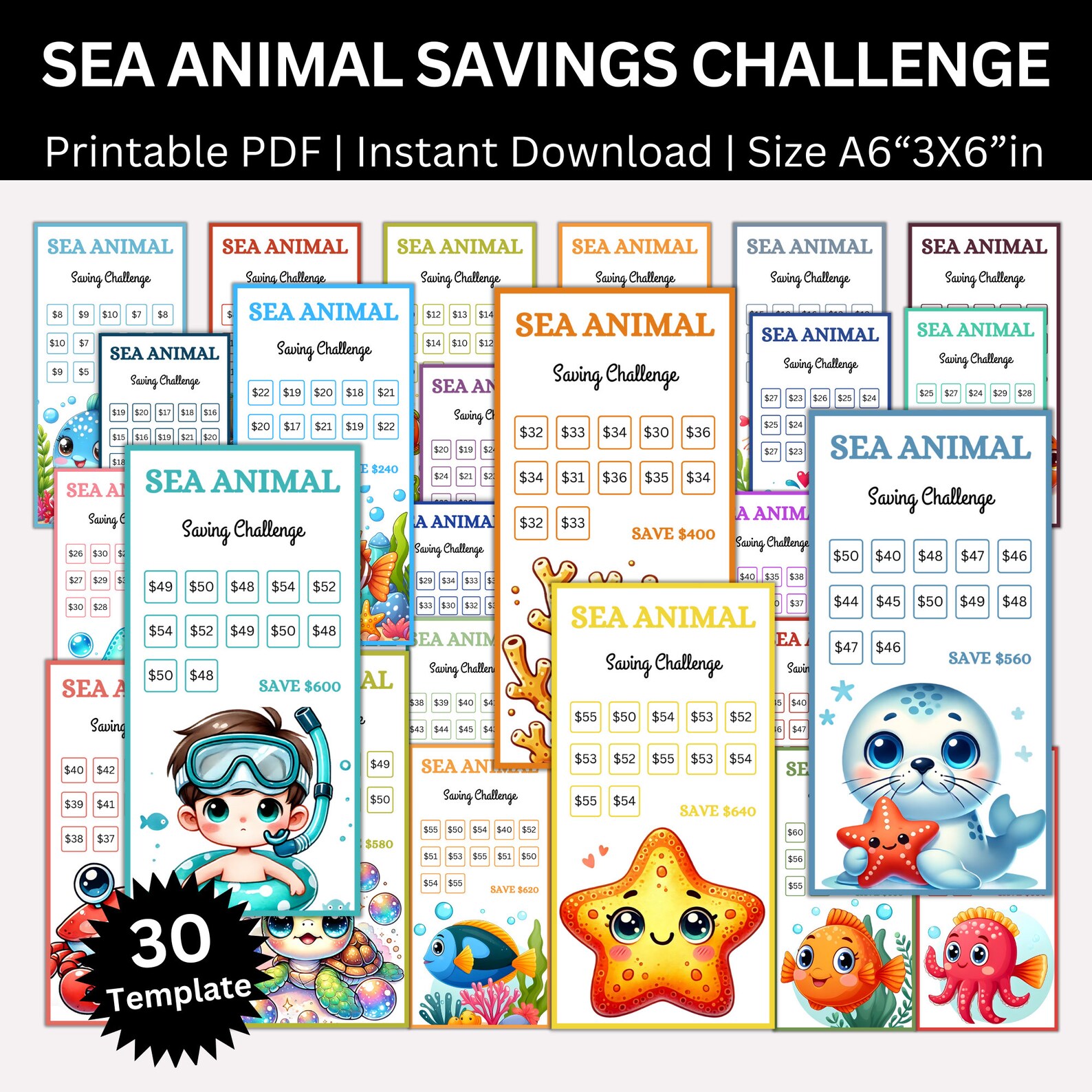 Buy Sea Animals Savings Challenge Printable Binder, Mini Fish A6 Saving ...