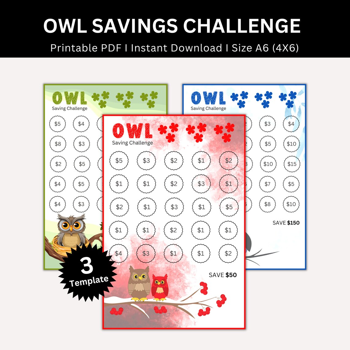 Buy Mini Owl Savings Challenge Printable, Money Saving Tracker Bundle ...