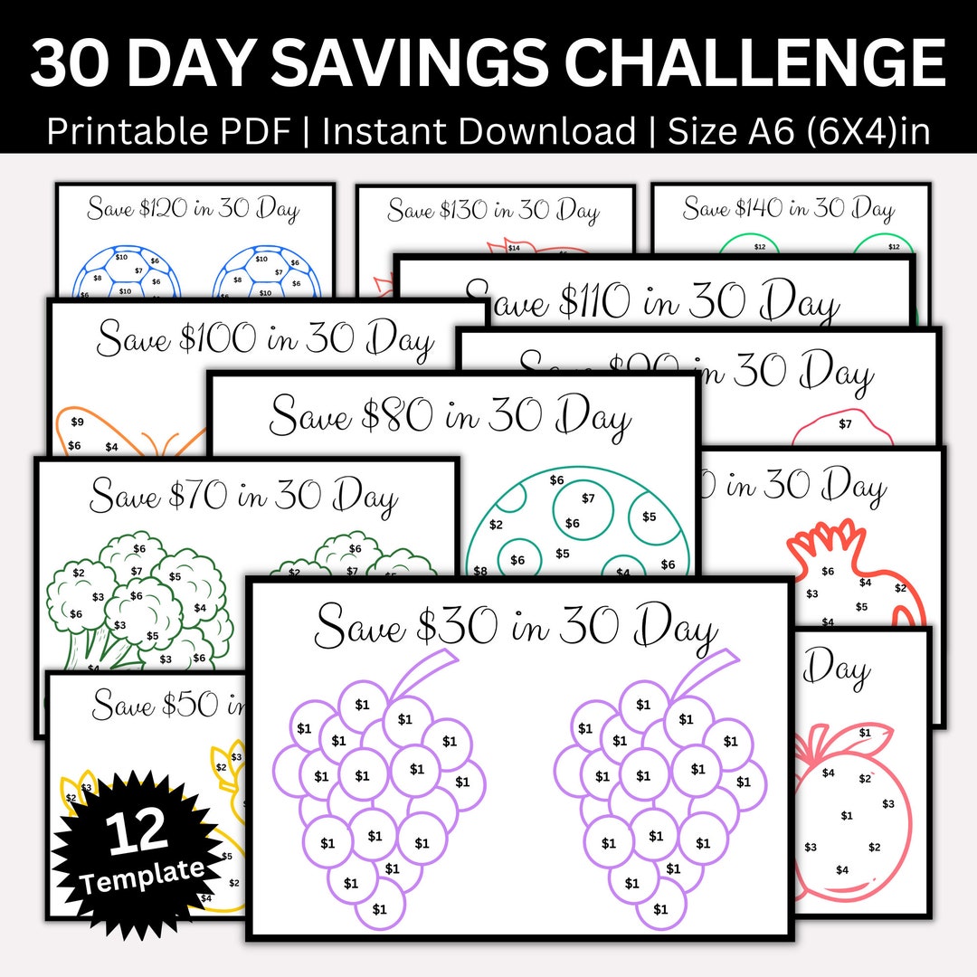 30 Day Savings Challenge Printable, 30 Days Low Income Saving ...
