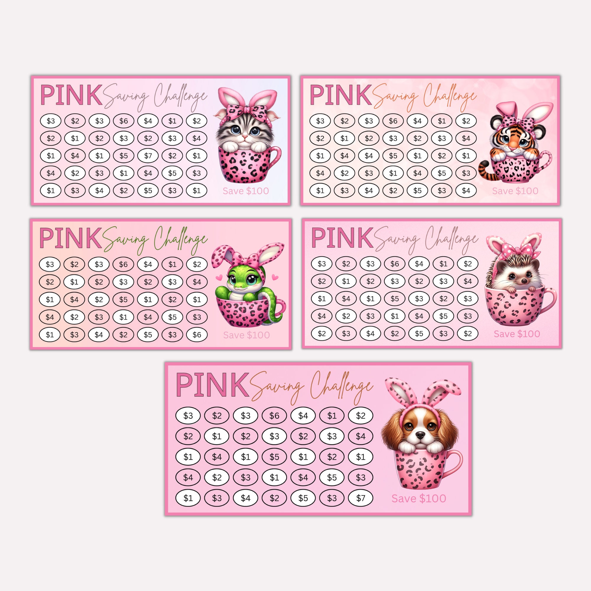 Pink Savings Challenge Printable, Pink Planner, Mini A6 Pink Animal ...