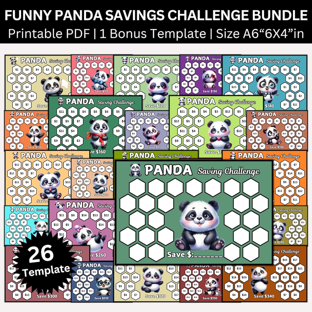 Funny Panda Savings Challenge Printable Bundle, A6 Mini Cute Panda ...
