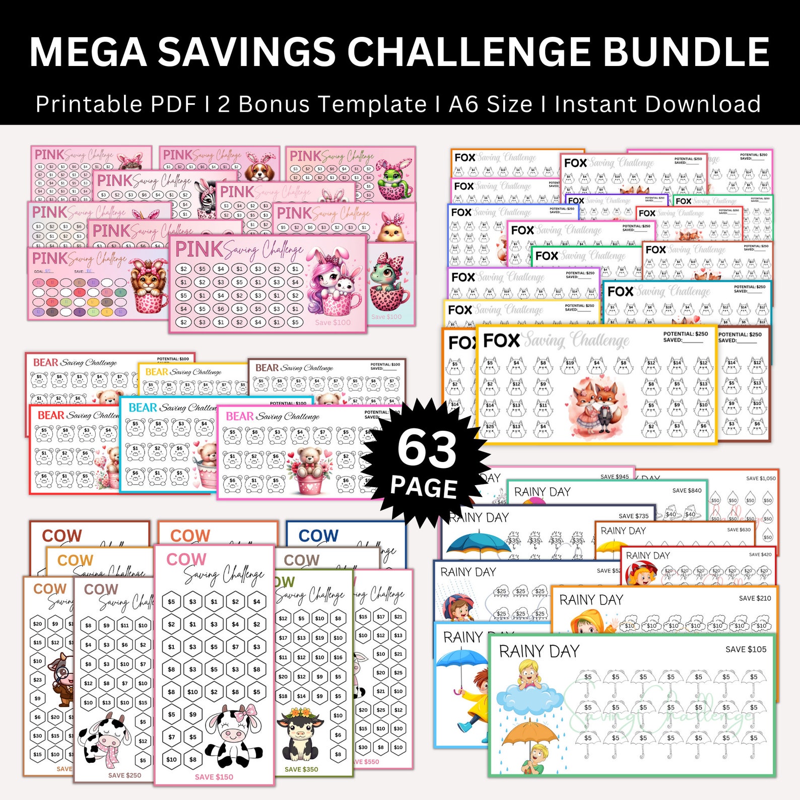 Mega Savings Challenge Printable Bundle, Pinky Planner Saving Challenges, Cow Savings Challenge ...