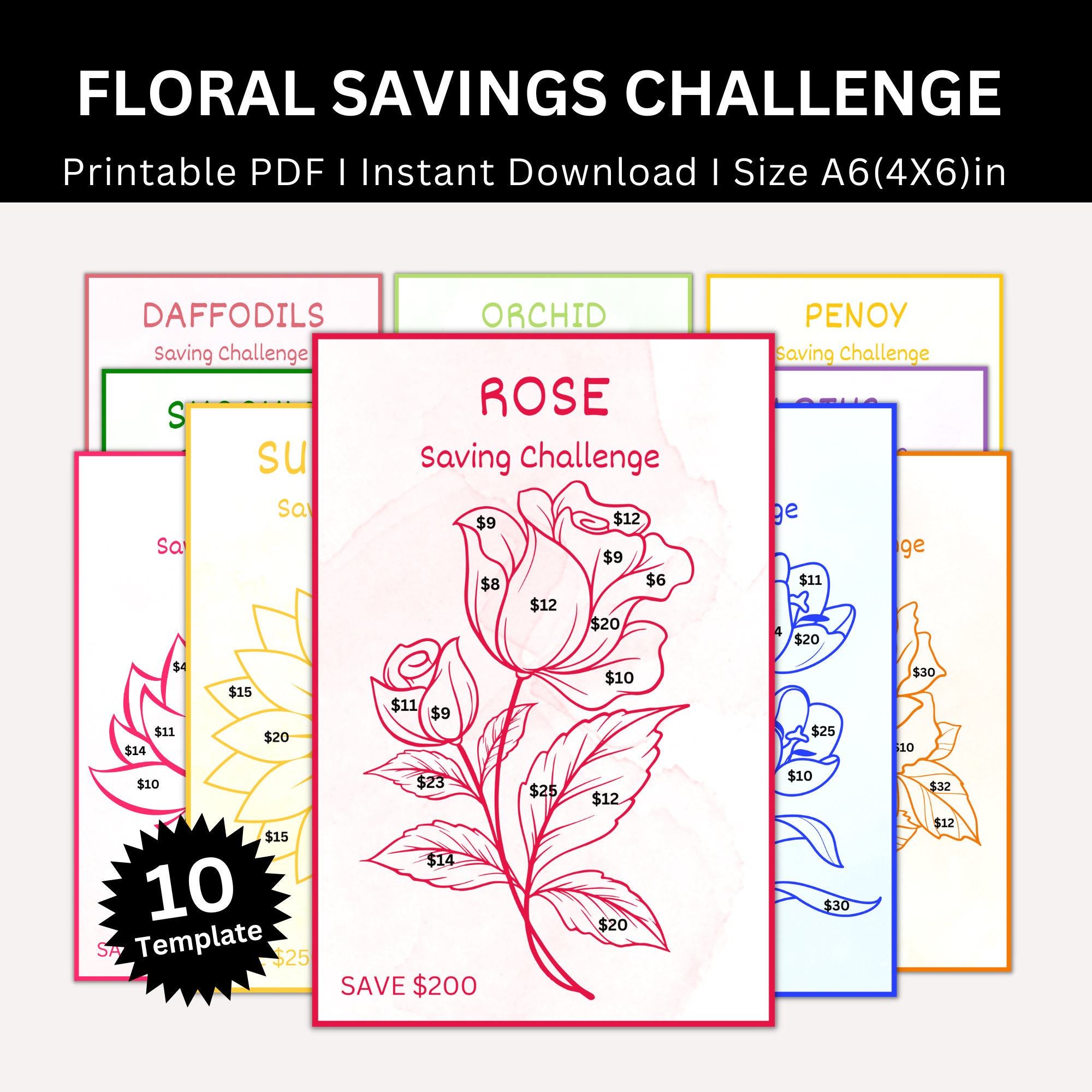 Floral Coloring Savings Challenge Printable, Flower A6 Mini Saving ...