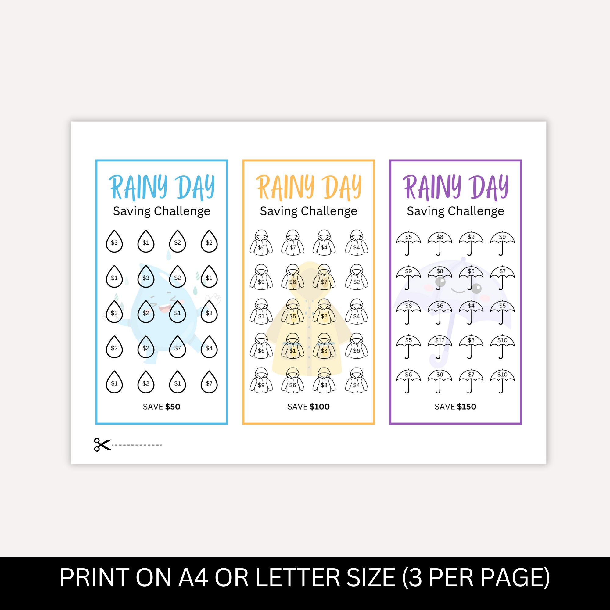 Rainy Day Savings Challenge Printable Bundle, Rain Day Funds Mini A6 ...