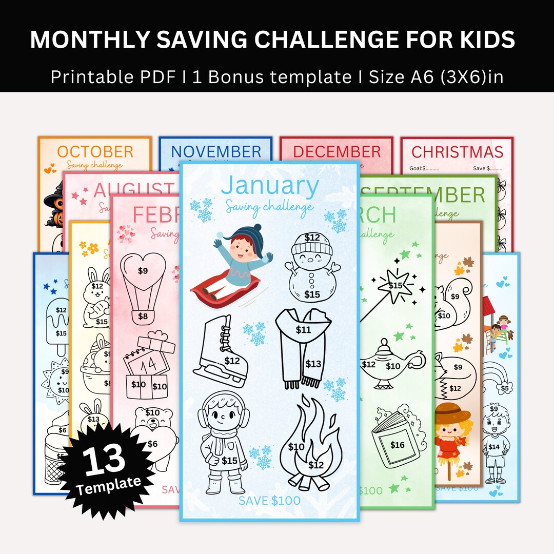 Kids Monthly Savings Challenge Printable, A6 Kids Mini Saving ...