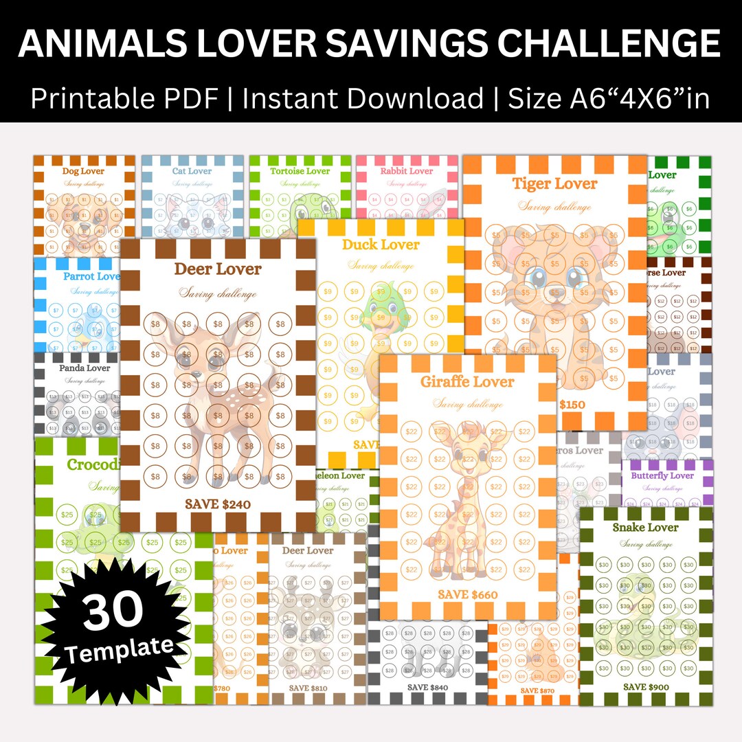Animal Lover Savings Challenge Printable Binder, A6 Mini Animal Saving ...