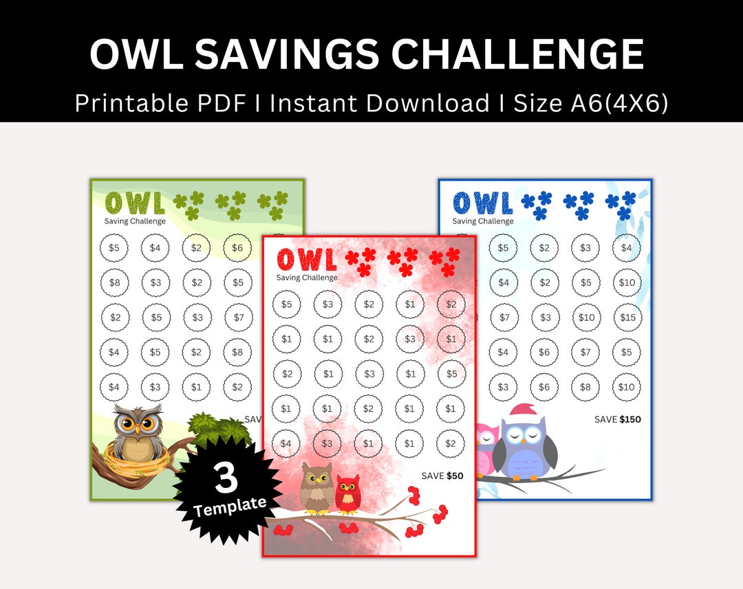 Mini Owl Savings Challenge Printable, Money Saving Tracker Bundle, A6 ...
