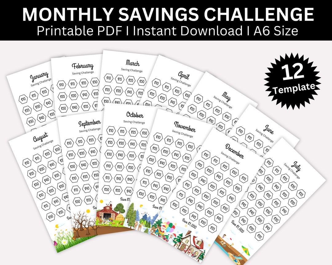 1k Savings Challenge Printable, 12 Month Savings Challenge, Monthly ...
