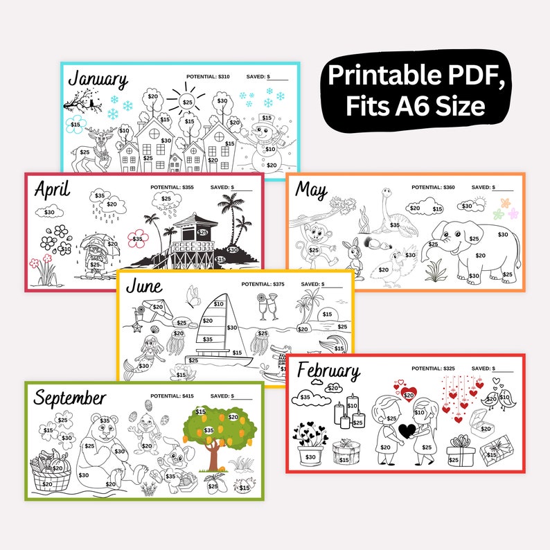 12-month Color Save A6 Savings Challenge Printable Bundle, Fits A6 ...
