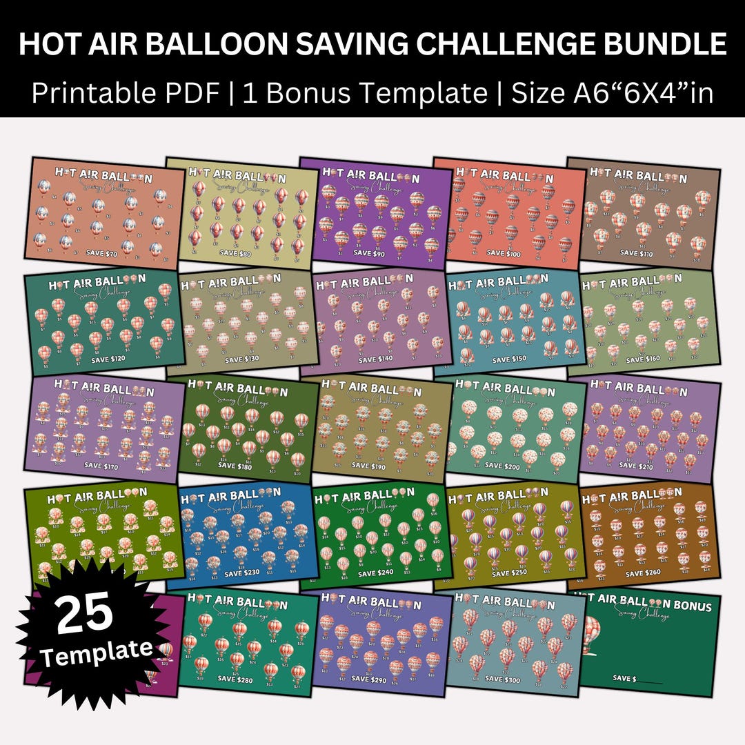 Mini Hot Air Balloon Savings Challenge Printable Bundle, A6 Balloon ...