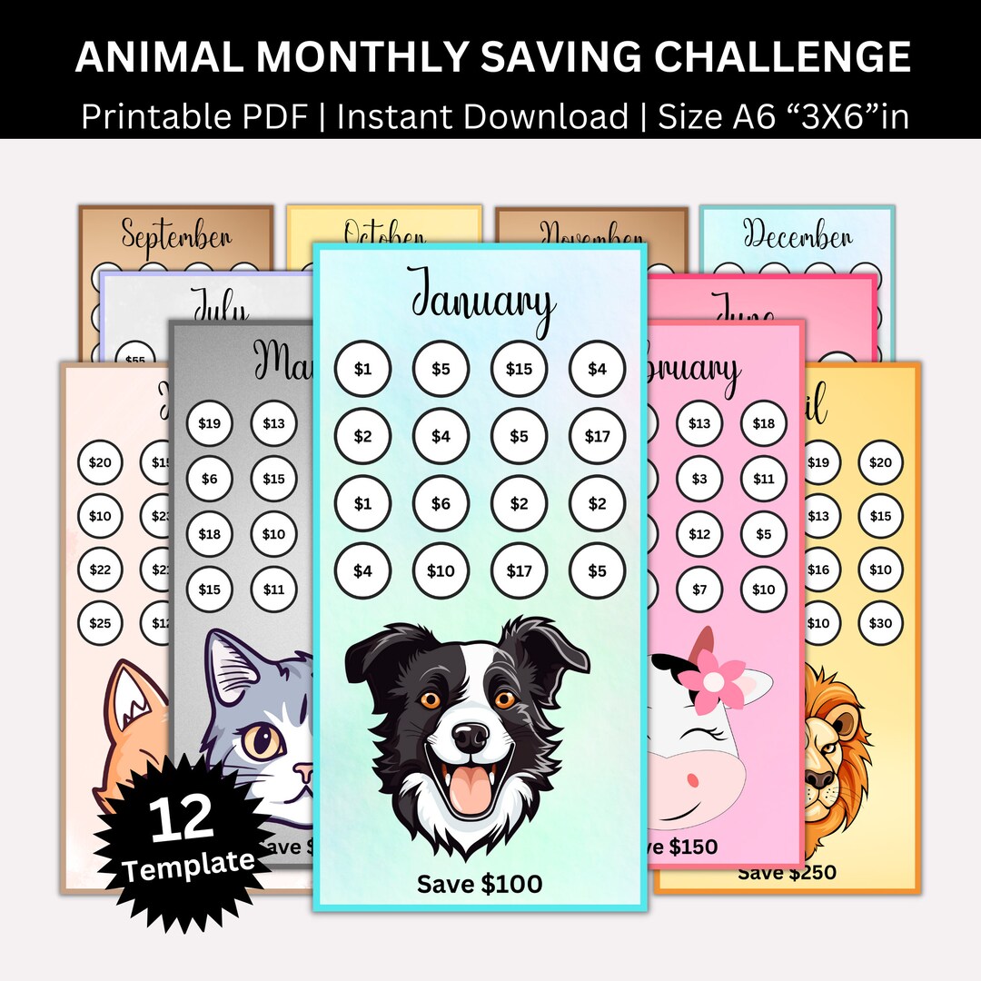 Animal Monthly Savings Challenge Printable, Animal Money Savings ...