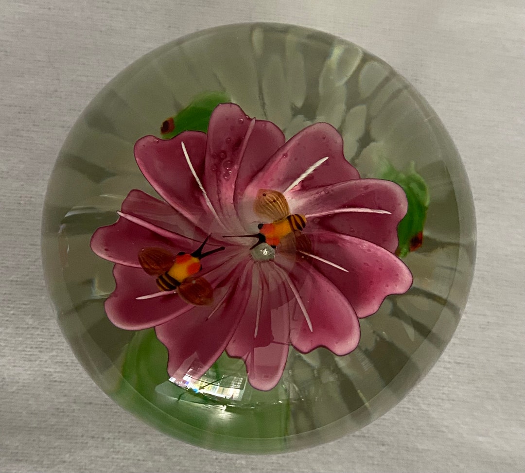 Beautiful. Chinese Glass Paperweight With Flower, Bees and Frogs - Etsy