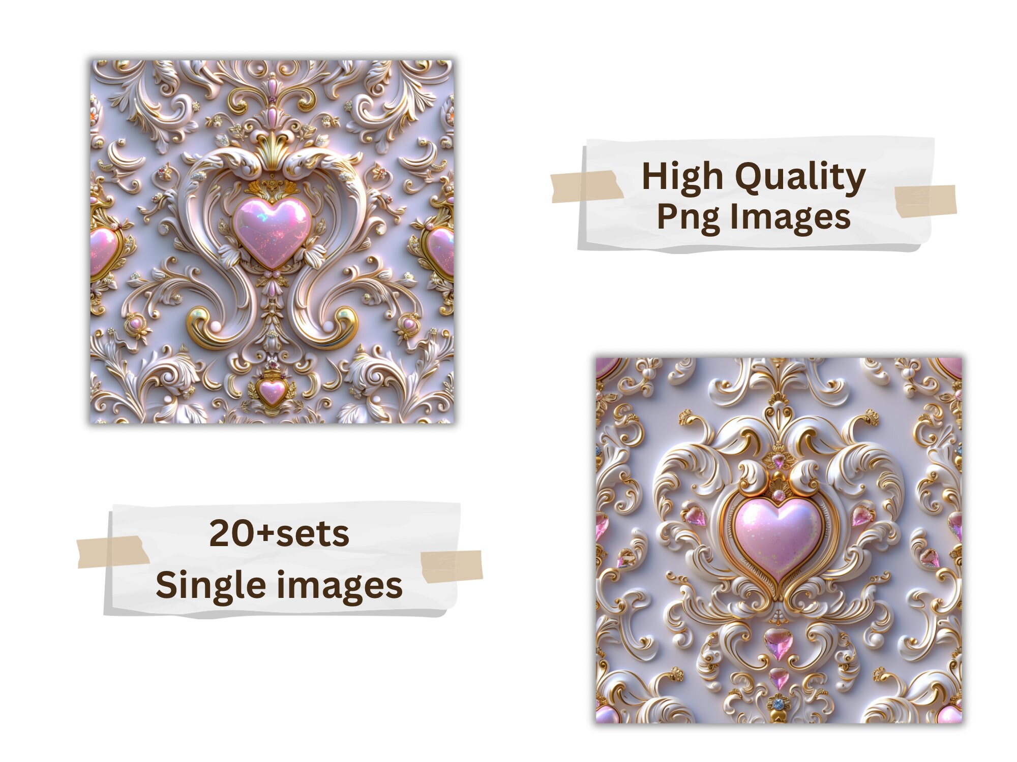 Seamless Rococo Heart Motifs Pattern, Blush Pink and Shiny Metallic ...
