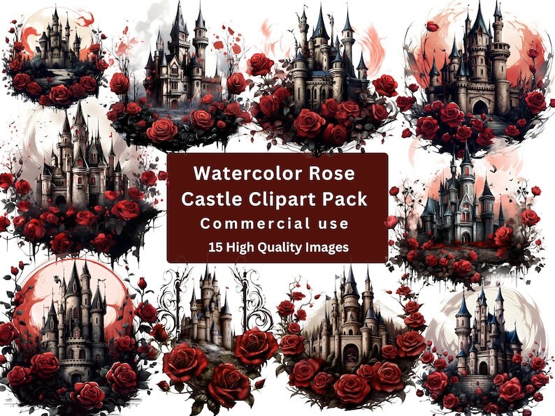 Watercolor Rose Gothic Castle Clipart Bundle 300 Dpi Png 15 Gothic Rose ...