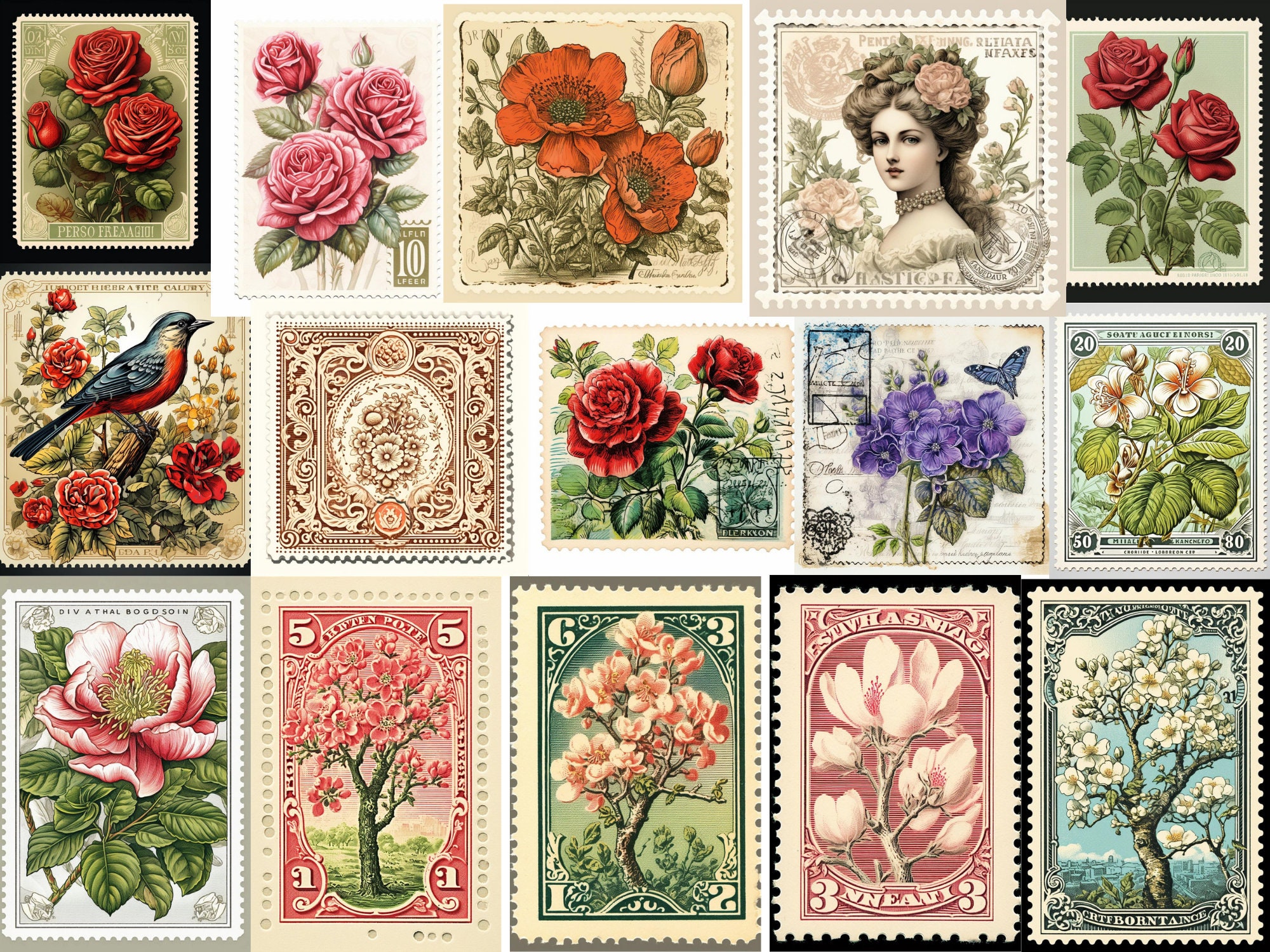 100 Retro Vintage Flowers Postage Floral Stamps,printable Old Postage ...