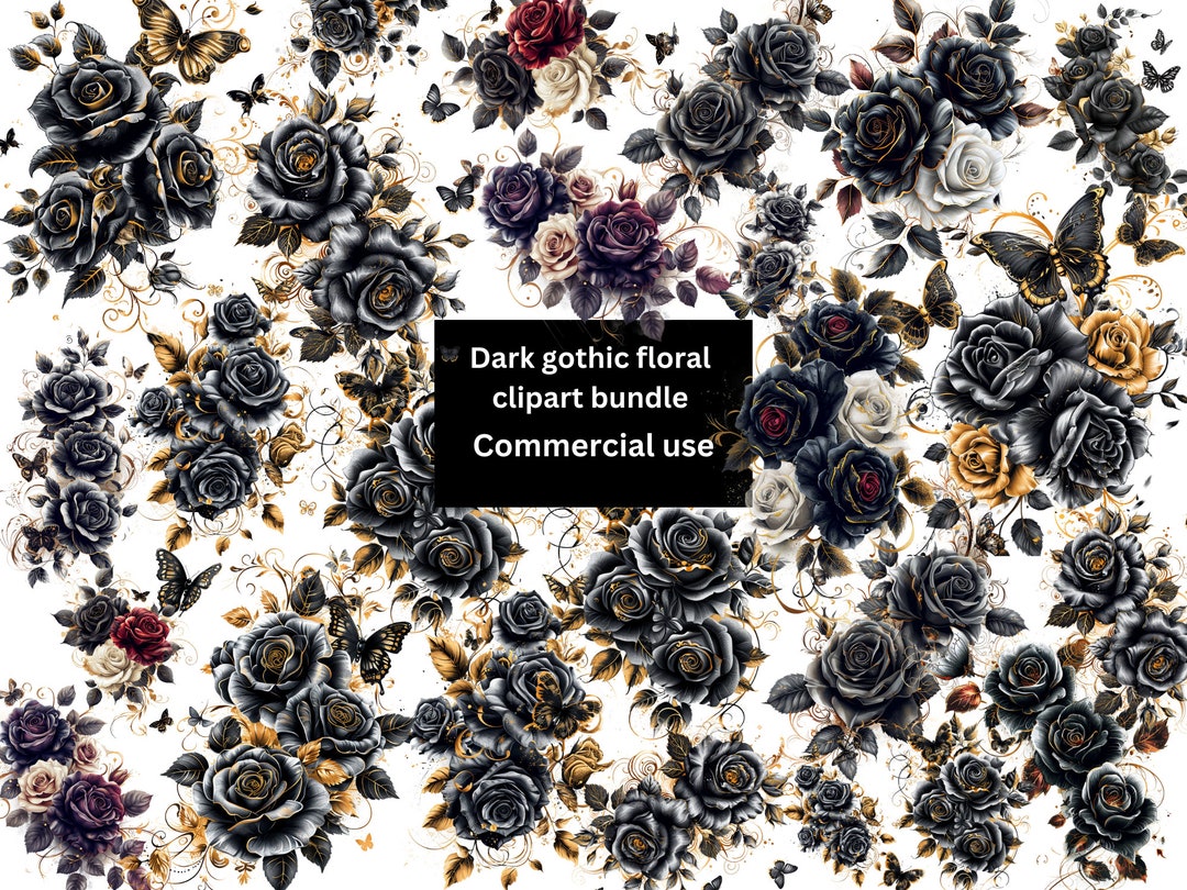 Black Rose Floral Clipart Bundle 300 Dpi Png 25 Gothic Black Rose ...