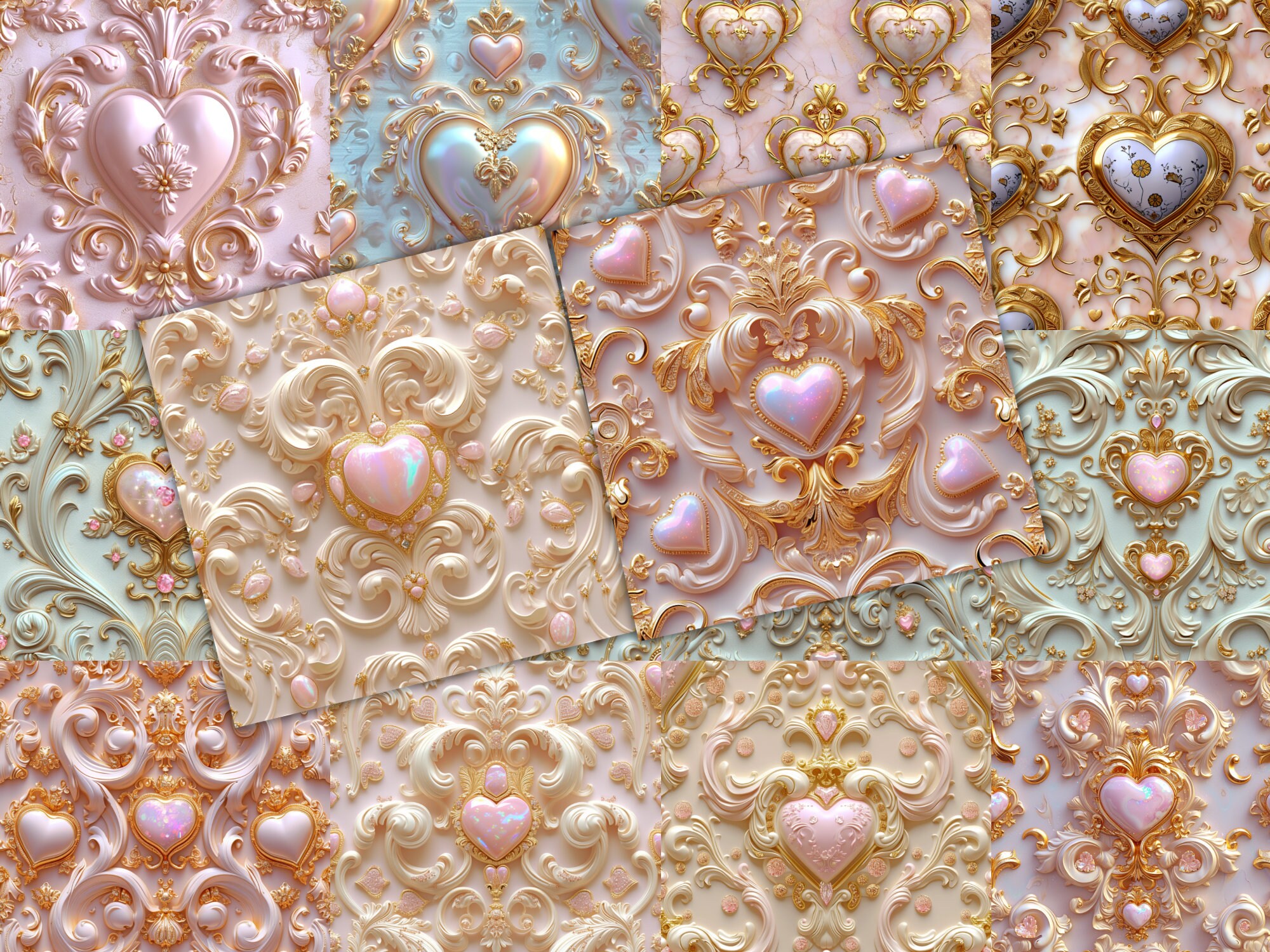 Seamless Rococo Heart Motifs Pattern, Blush Pink and Shiny Metallic ...