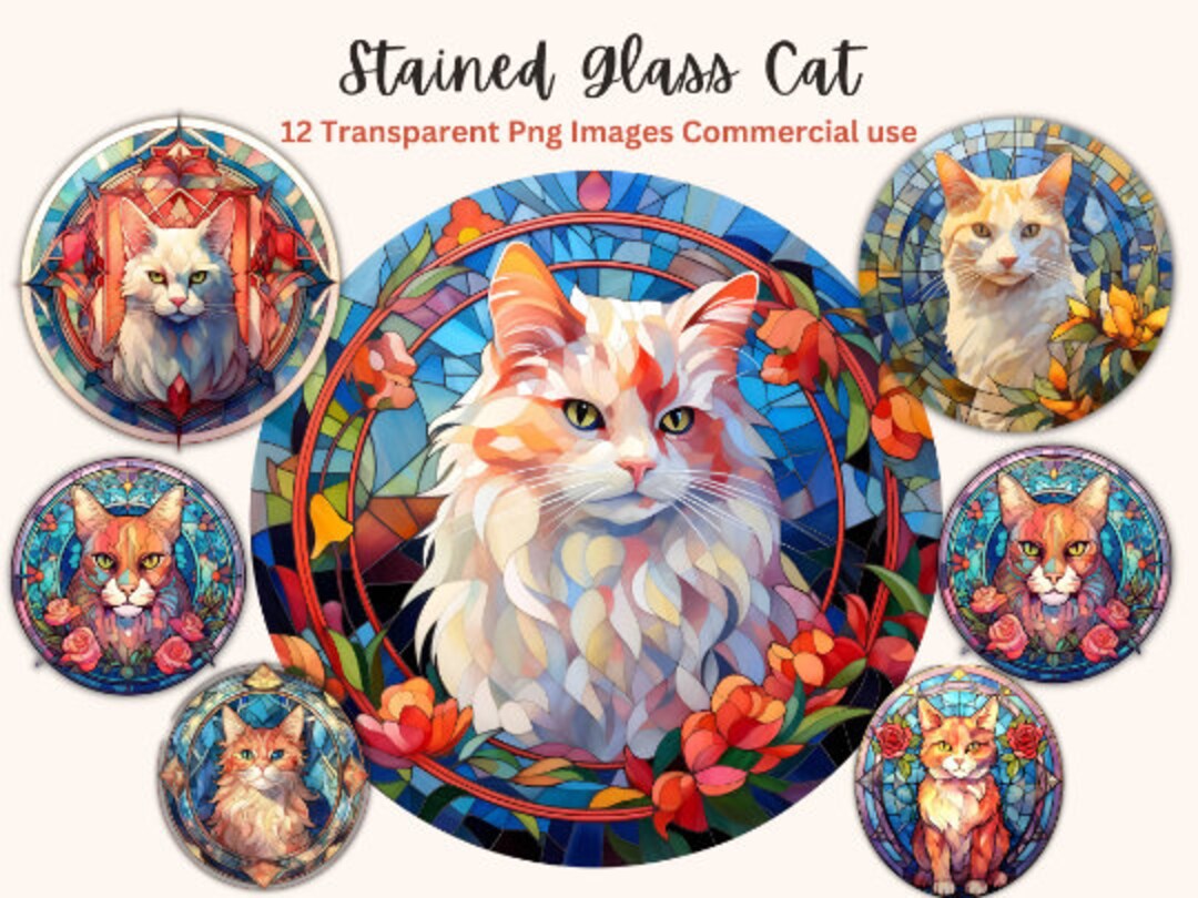 Stained Glass Cats PNG Clipart Watercolor Stained Glass Cat Printable ...