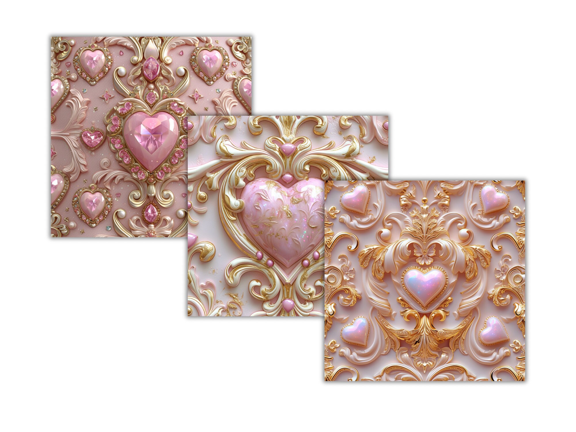 Seamless Rococo Heart Motifs Pattern, Blush Pink and Shiny Metallic ...
