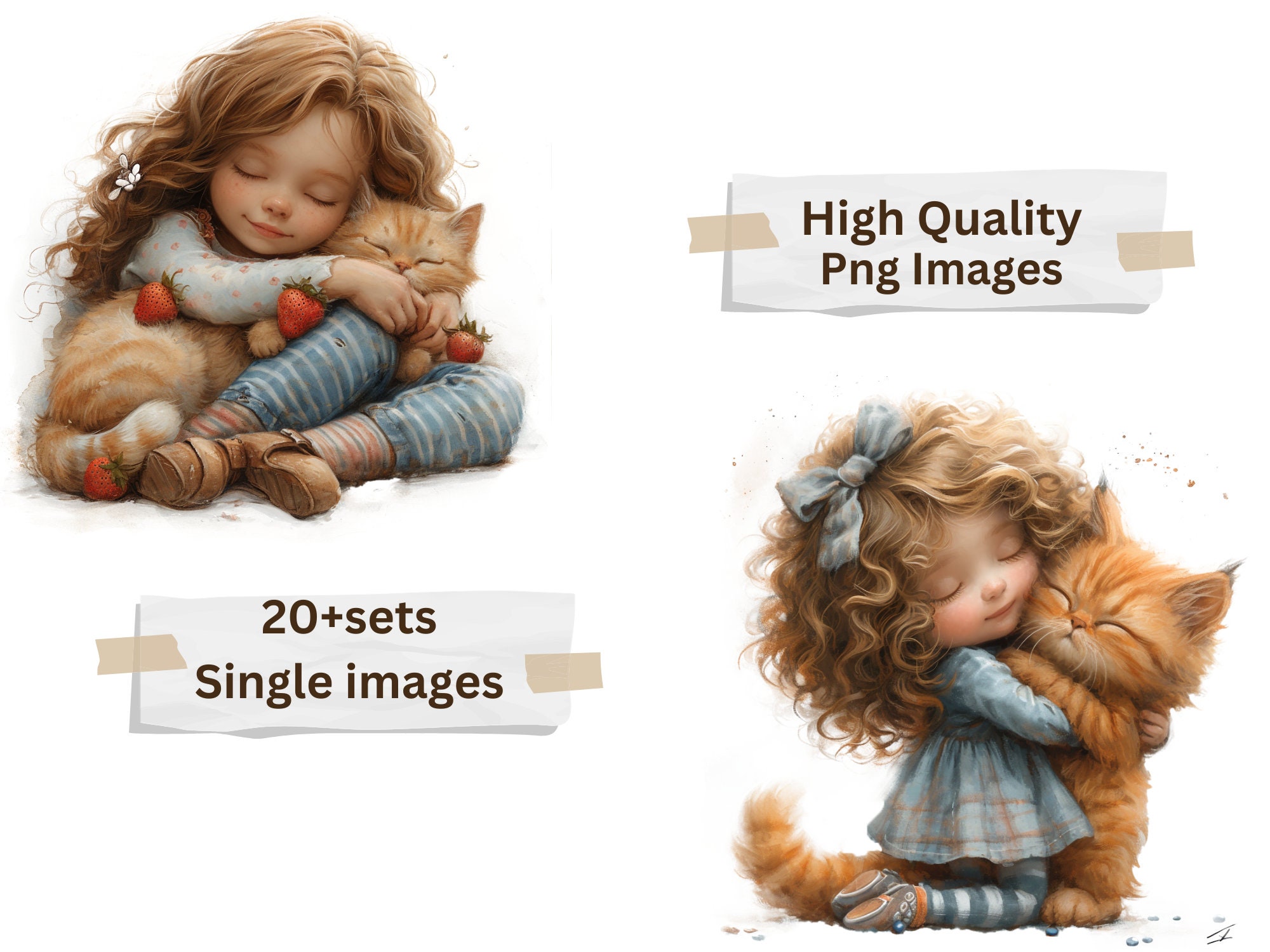 Girl Hugging Cute Cat Watercolor Clipart Bundle 20 Png Images Floral ...