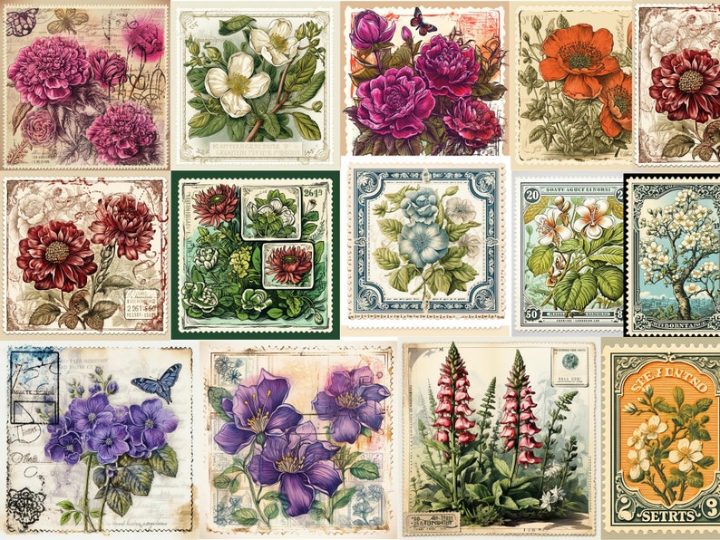 100 Retro Vintage Flowers Postage Floral Stamps,printable Old Postage ...