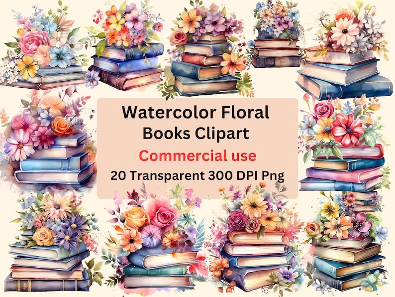 Floral Books Clipart Bundle Pack Commercial Use, Digital PNG Files ...