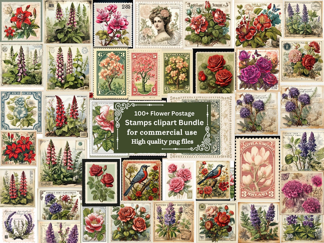 100 Retro Vintage Flowers Postage Floral Stamps,printable Old Postage ...