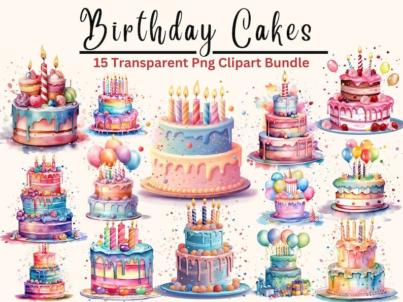 Birthday Party Cake Watercolor Clipart, Commercial Use, Digital PNG ...
