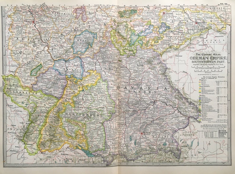 Antique Map German Empire Southwestern Part, 1897 Germany, Map Germany ...
