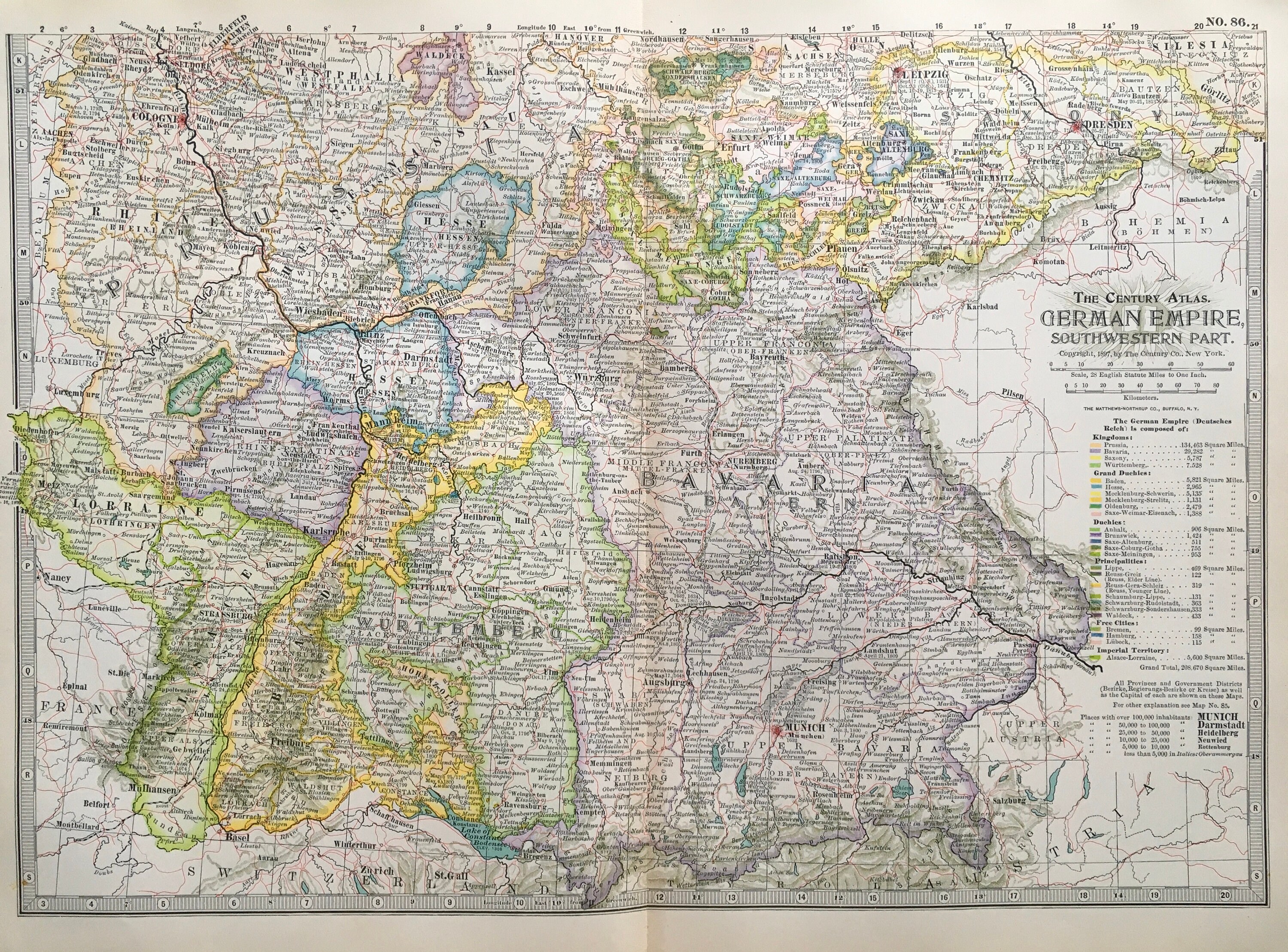 Antique Map German Empire Southwestern Part, 1897 Germany, Map Germany ...